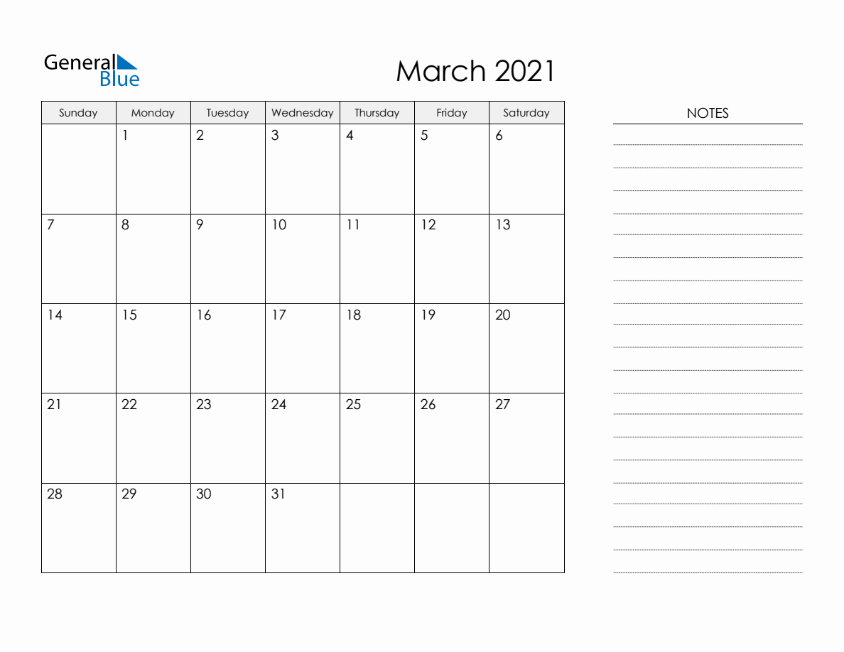 Printable Monthly Calendar with Notes - March 2021