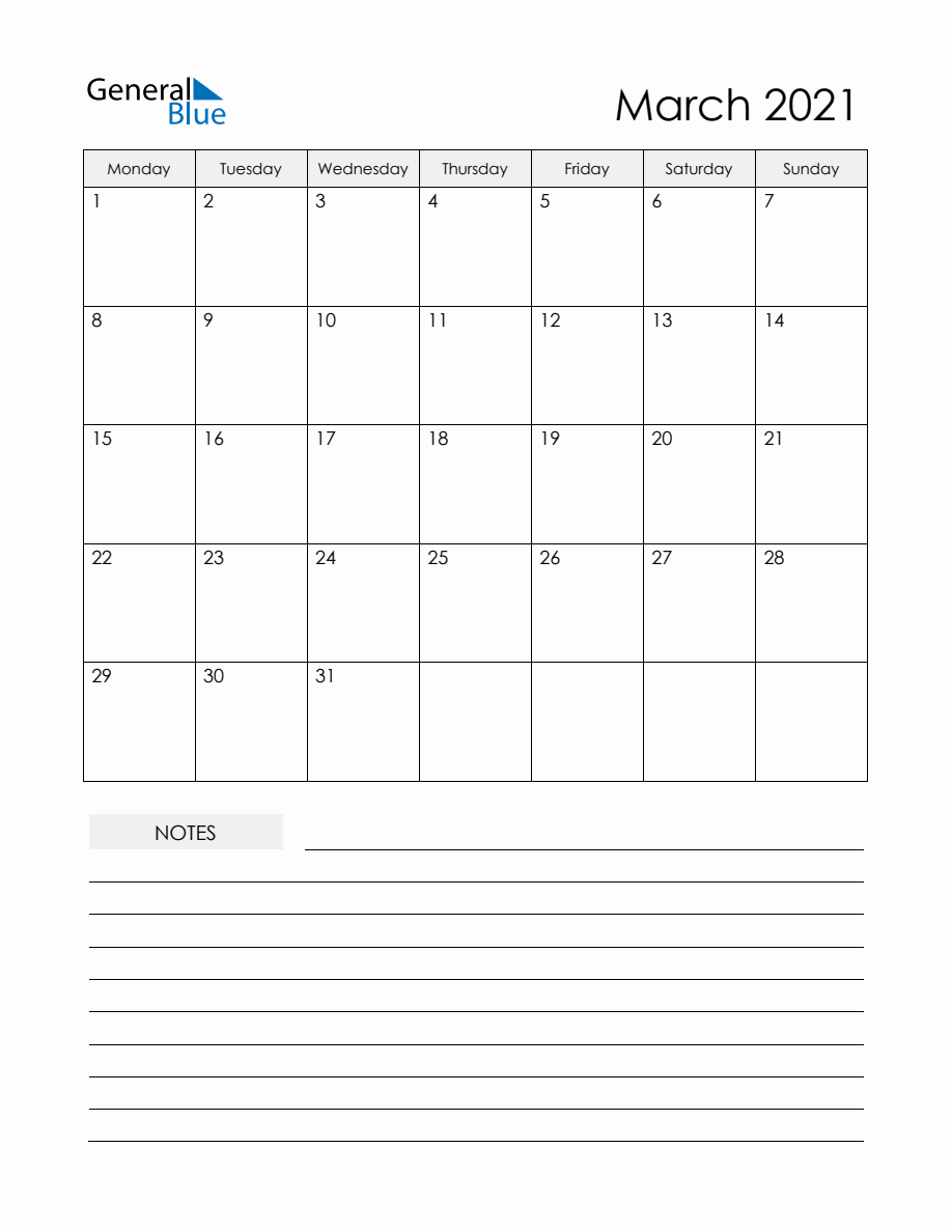 March 2021 Monthly Planner Calendar - Monday Start