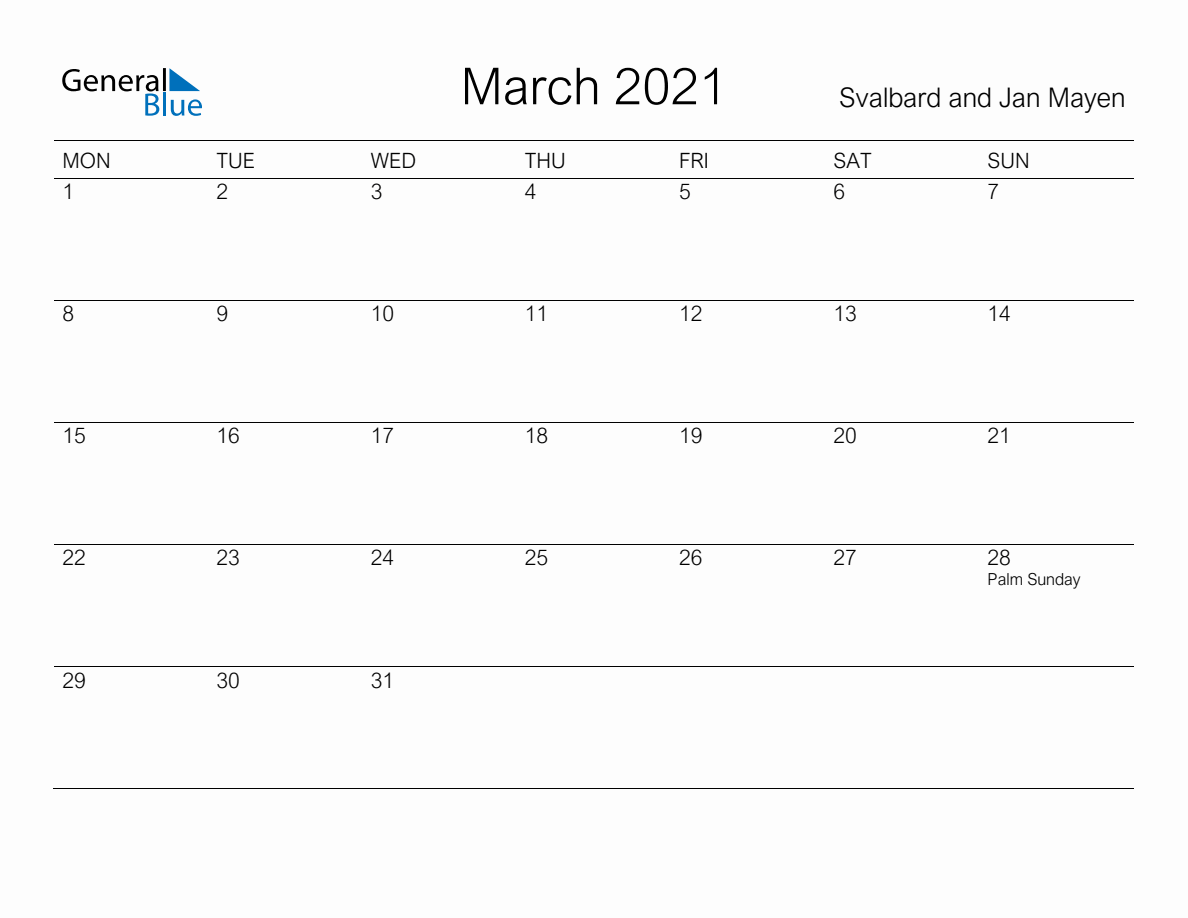 Printable March 2021 Monthly Calendar with Holidays for Svalbard and ...