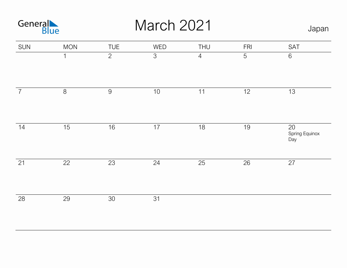 Printable March 2021 Monthly Calendar with Holidays for Japan