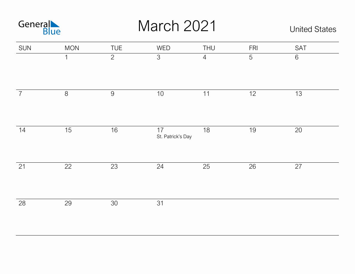 Printable March 2021 Monthly Calendar with Holidays for United States