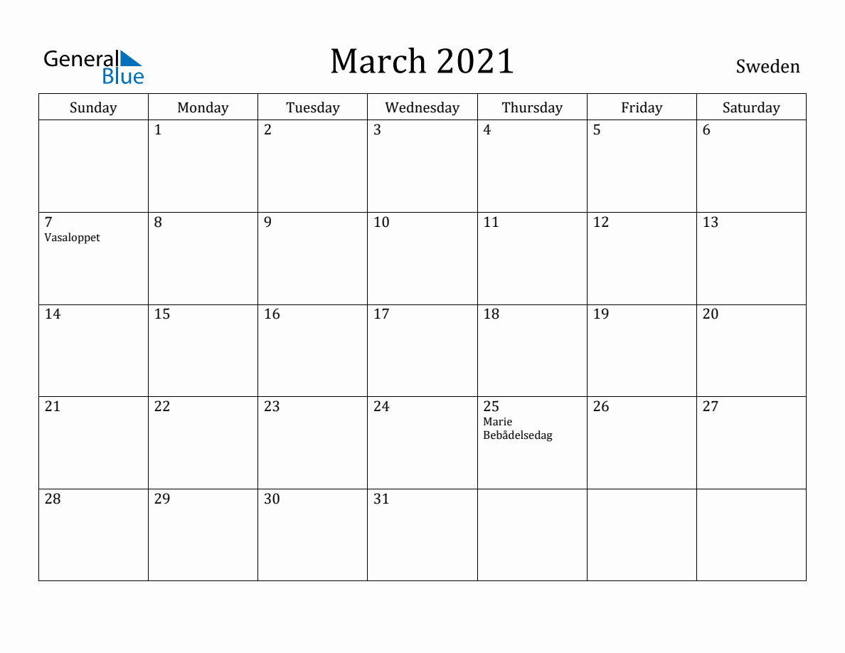March 2021 Monthly Calendar with Sweden Holidays