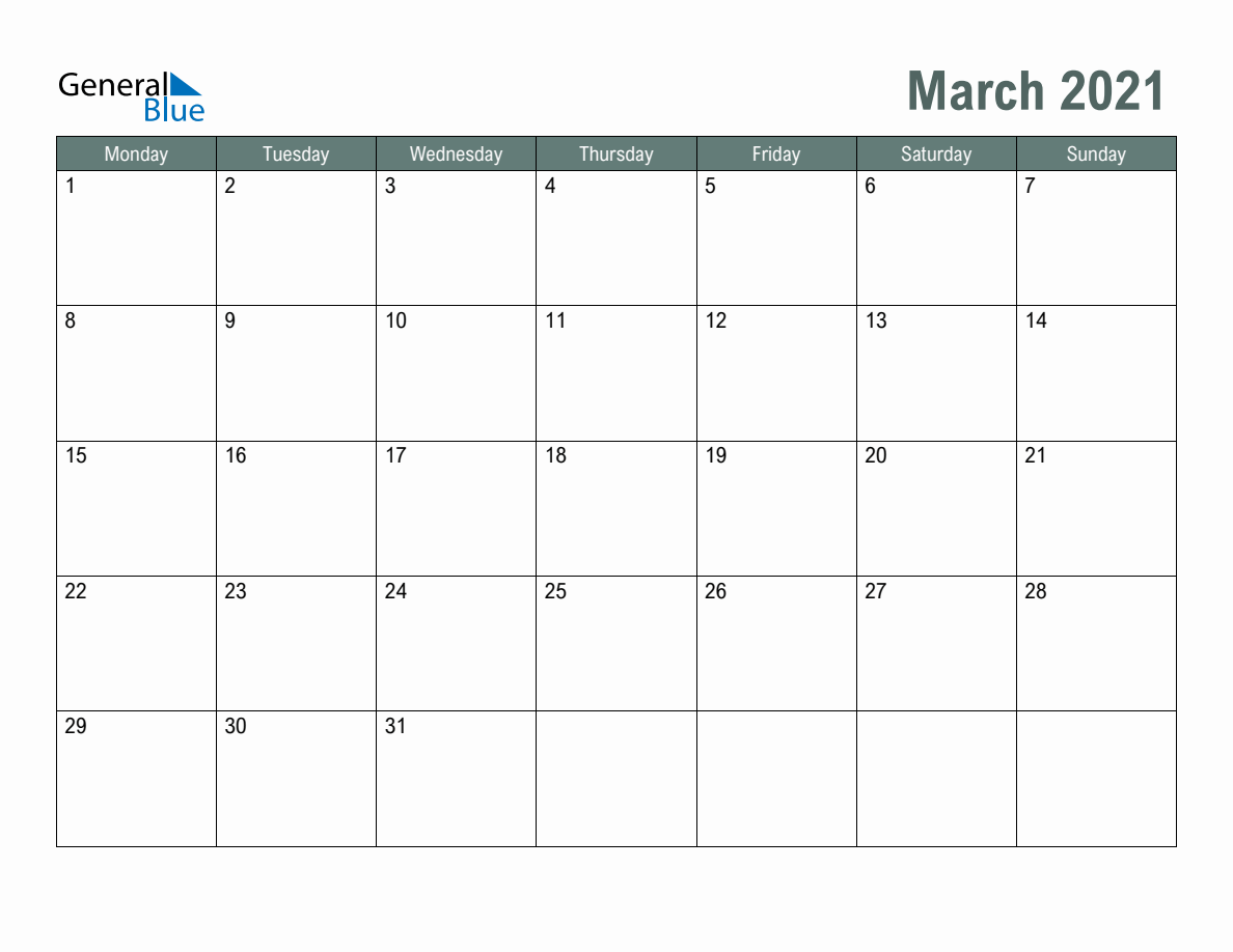 Blank March 2021 Monthly Calendar Template - Monday Start