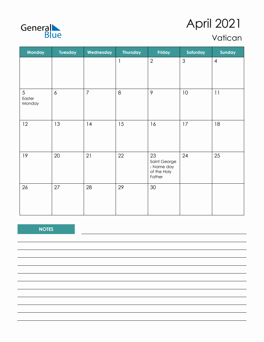 Monthly Planner with Vatican Holidays - April 2021 (Monday Start)