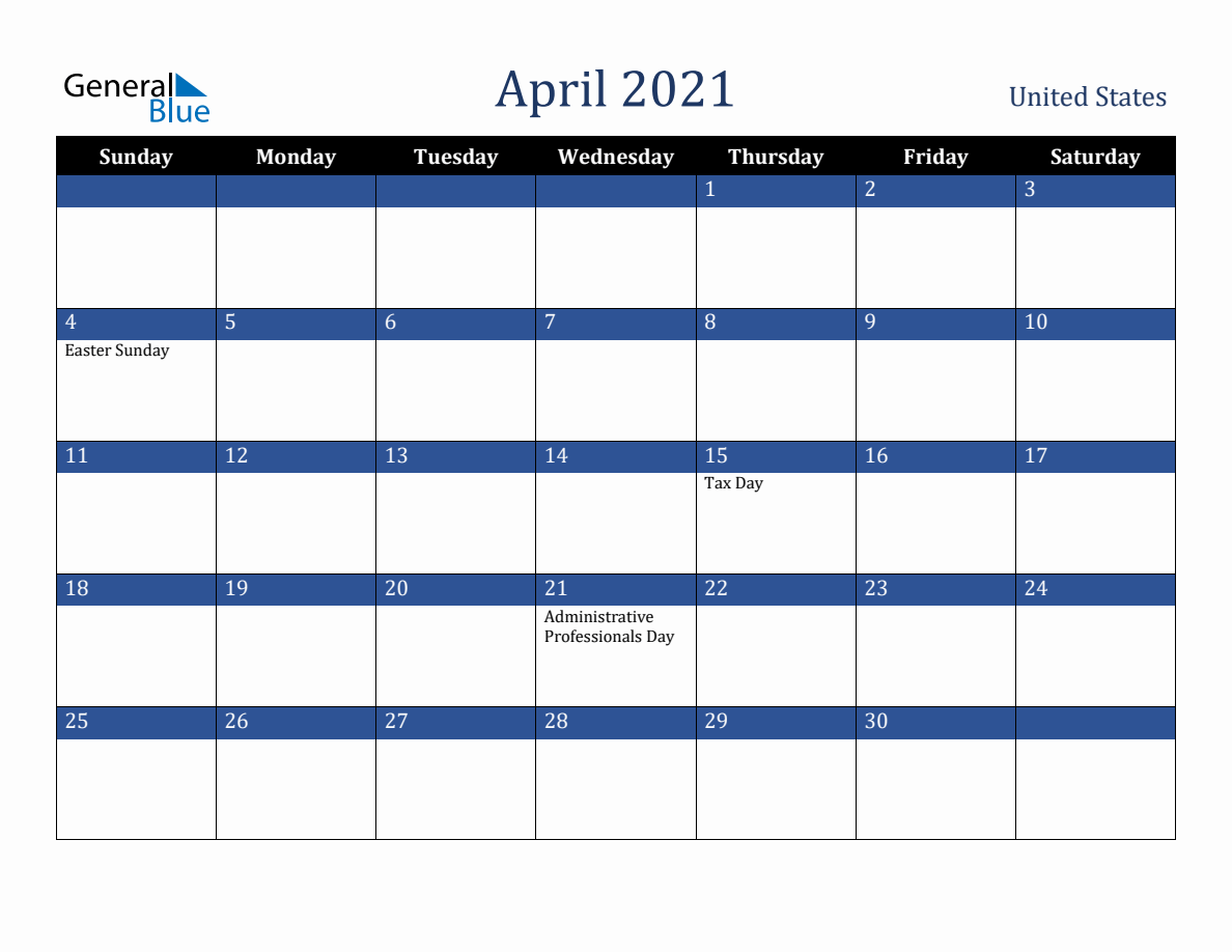 April 2021 United States Holiday Calendar
