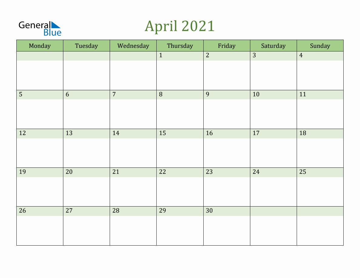 Fillable April 2021 Calendar - Monday Start