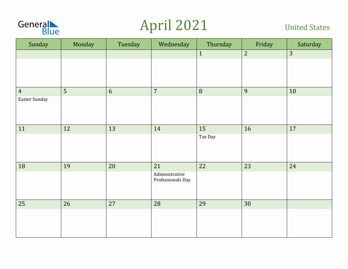 Fillable Holiday Calendar for United States - April 2021