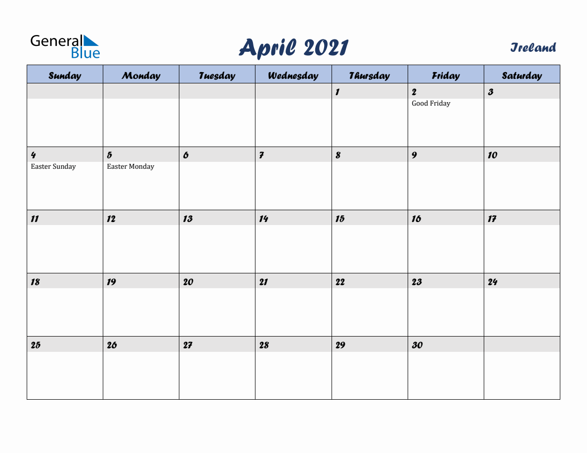 April 2021 Monthly Calendar Template with Holidays for Ireland