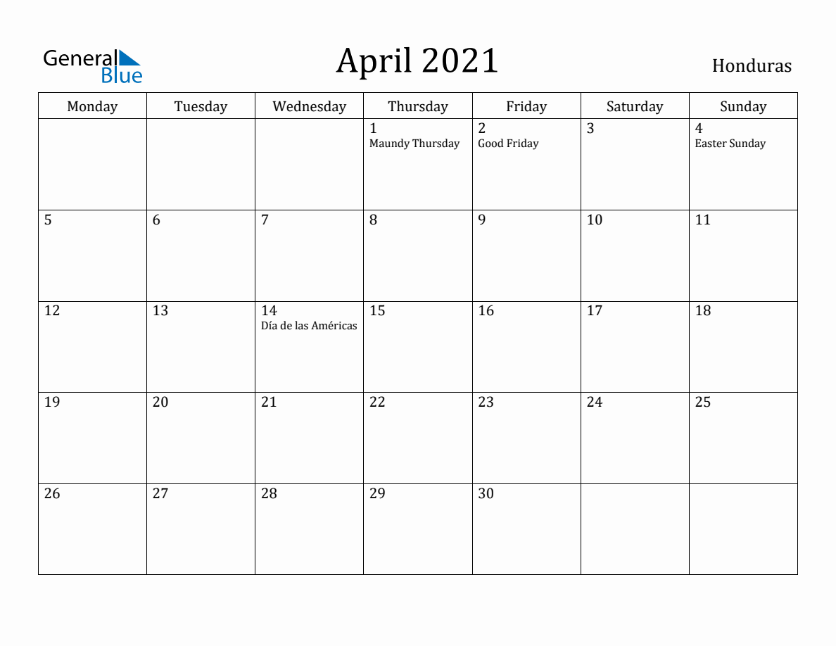 Honduras Monthly Calendar - April 2021 (Monday Start)