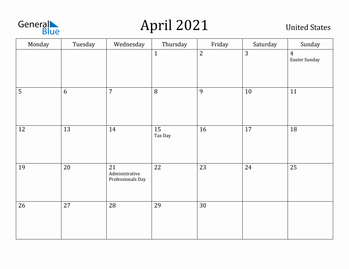 United States Monthly Calendar - April 2021 (Monday Start)