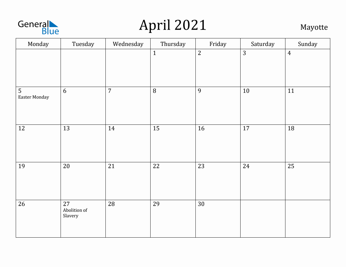 April 2021 Monthly Calendar with Mayotte Holidays (Monday Start)