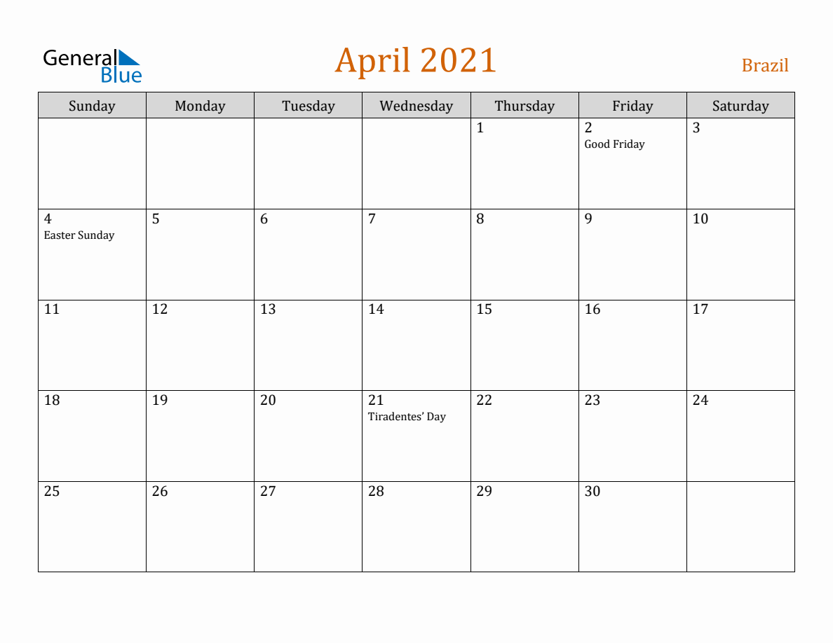 Free April 2021 Brazil Calendar