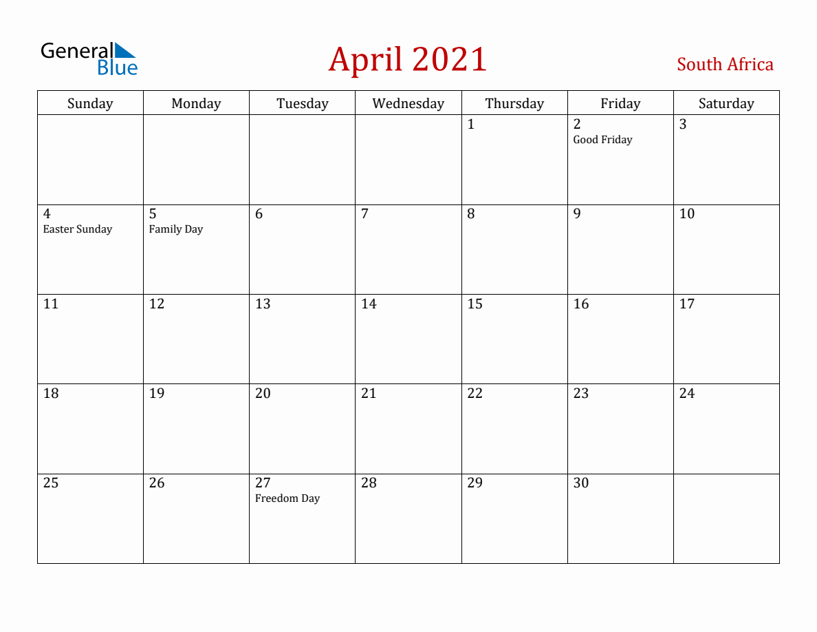 April 2021 South Africa Monthly Calendar with Holidays