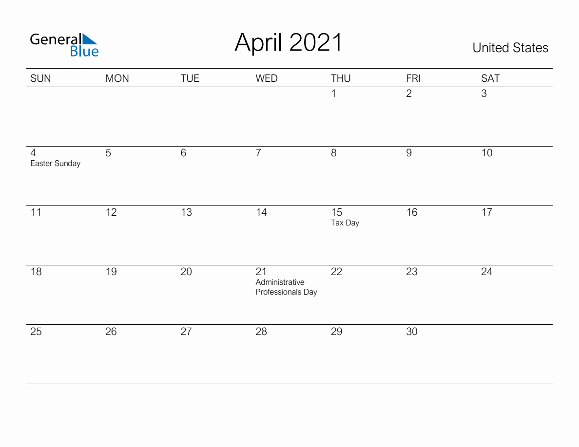 Printable April 2021 Monthly Calendar with Holidays for United States