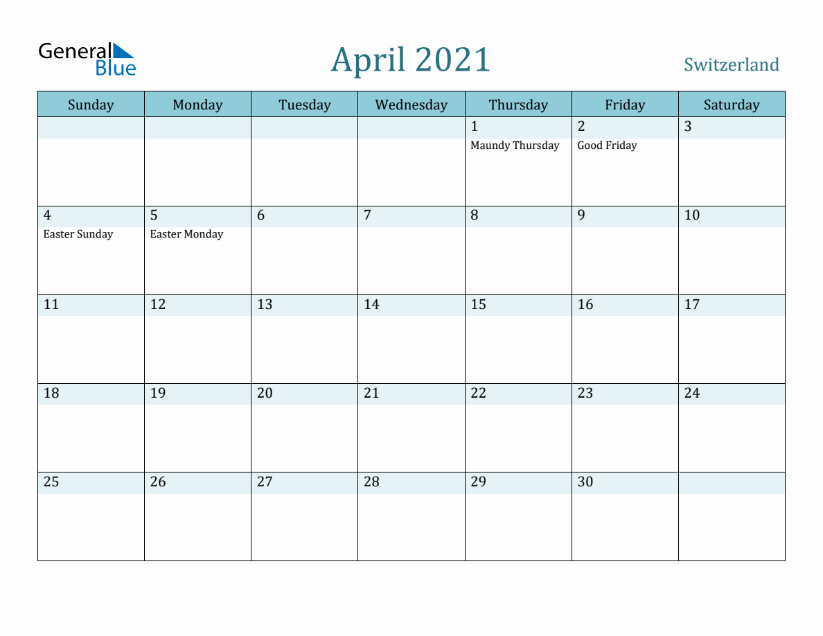 Switzerland Holiday Calendar for April 2021