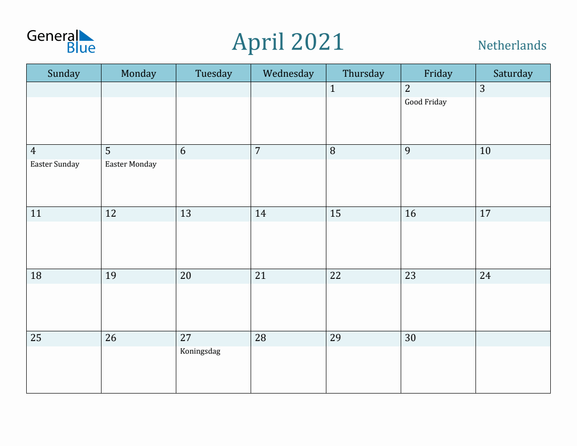The Netherlands Holiday Calendar for April 2021