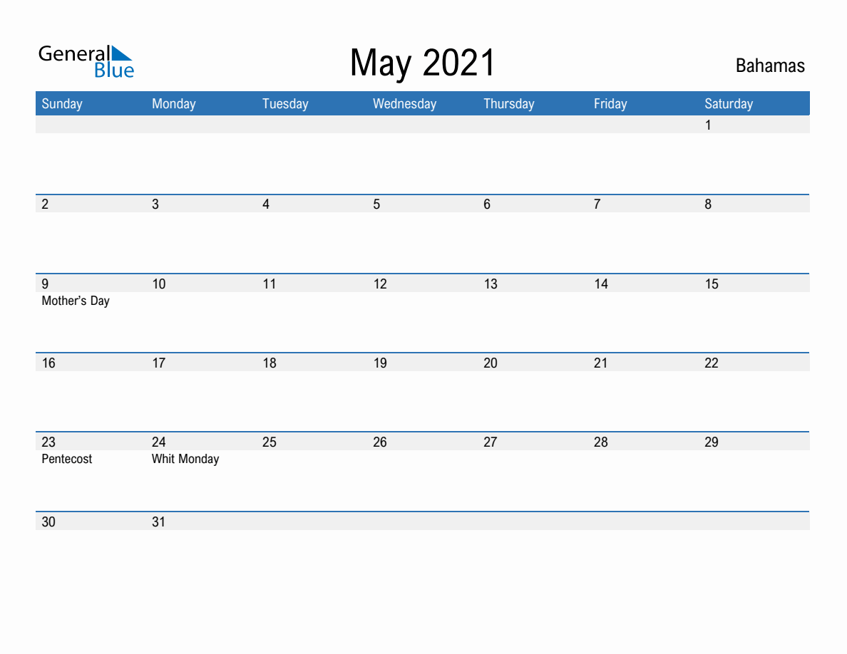 May 2021 Monthly Calendars with Bahamas Holidays