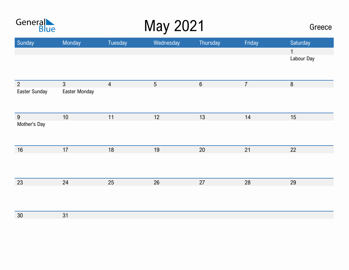 Editable May 2021 Calendar with Greece Holidays