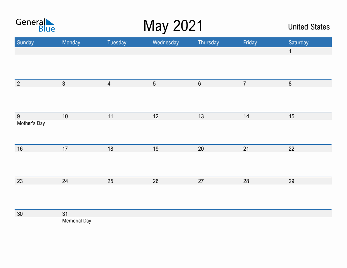 May 2021 Monthly Calendars with United States Holidays