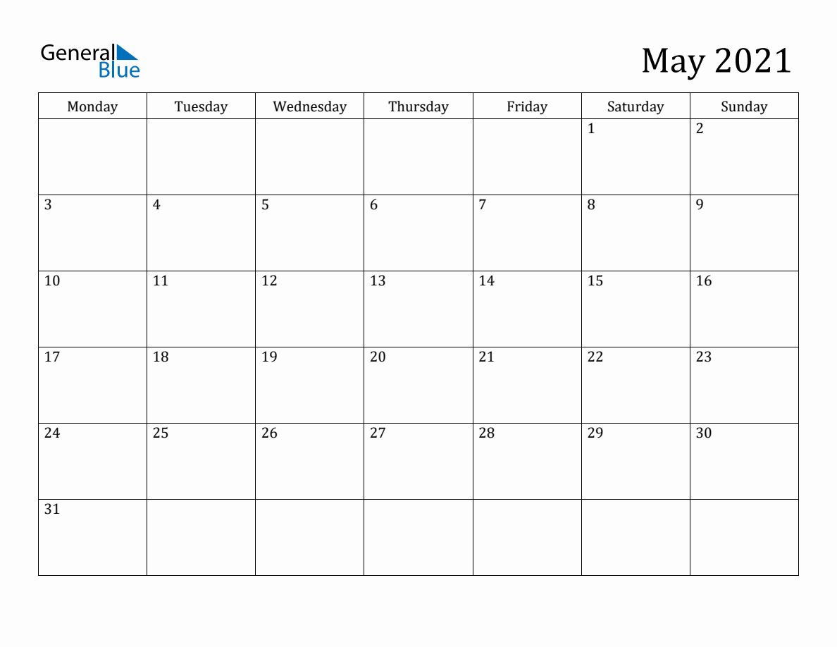 May 2021 Monday Start Calendar (PDF, Excel, Word)