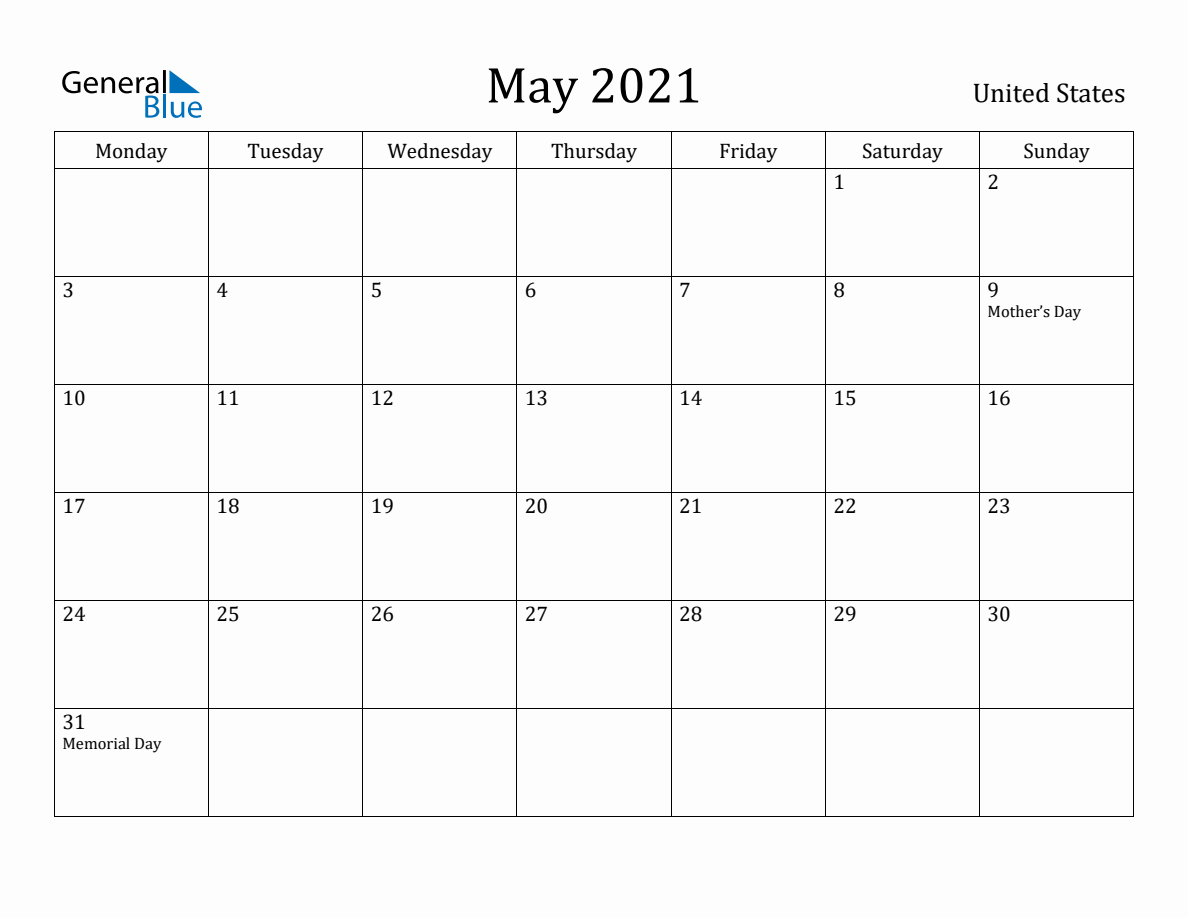 United States Monthly Calendar - May 2021 (Monday Start)