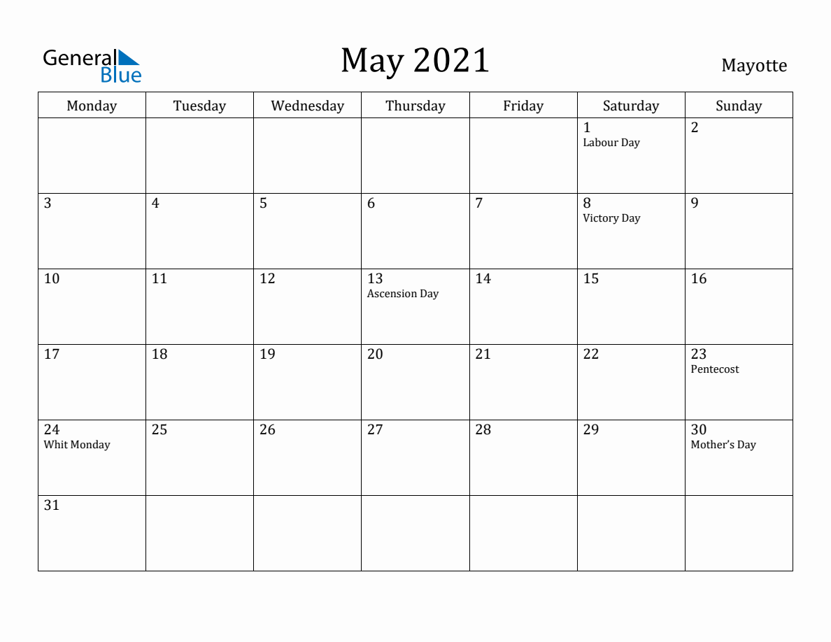 Mayotte Monthly Calendar - May 2021 (Monday Start)