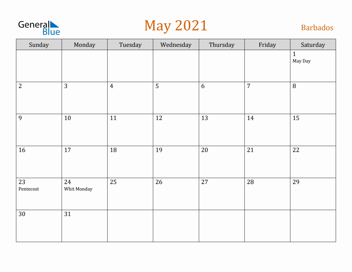 Free May 2021 Barbados Calendar