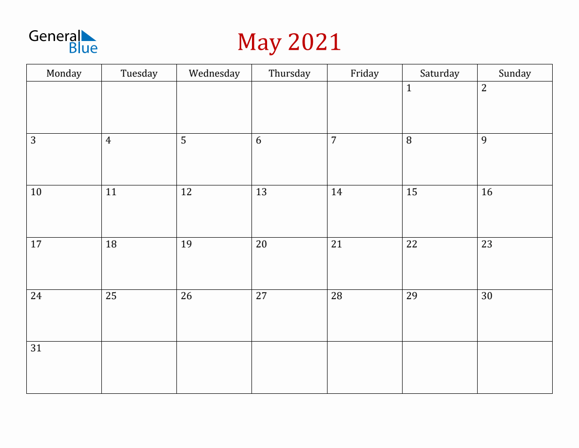 May 2021 Simple Calendar with Monday Start