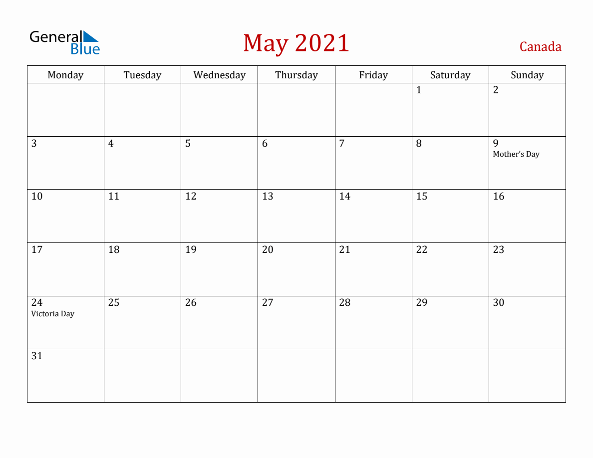 May 2021 Canada Monthly Calendar with Holidays