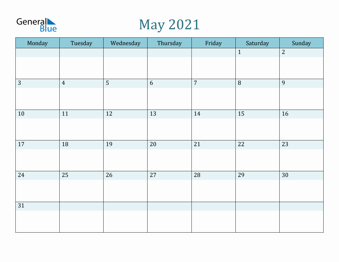 May 2021 Monthly Calendar Template - Monday Start