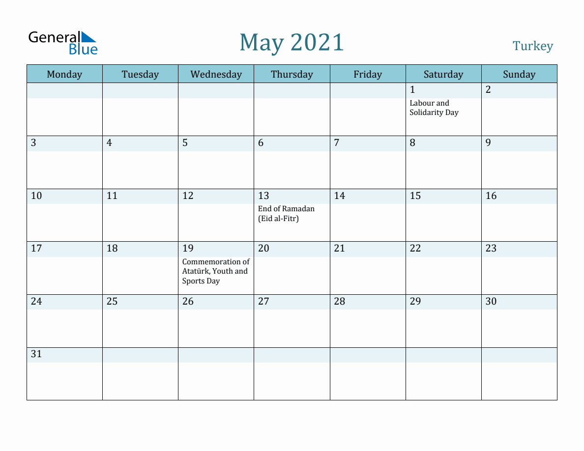 Turkey Holiday Calendar for May 2021