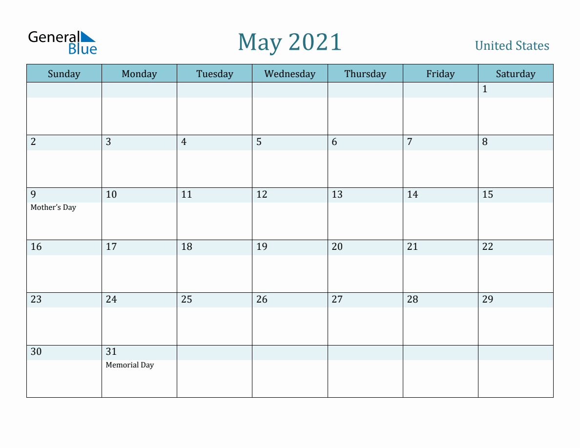 United States Holiday Calendar for May 2021