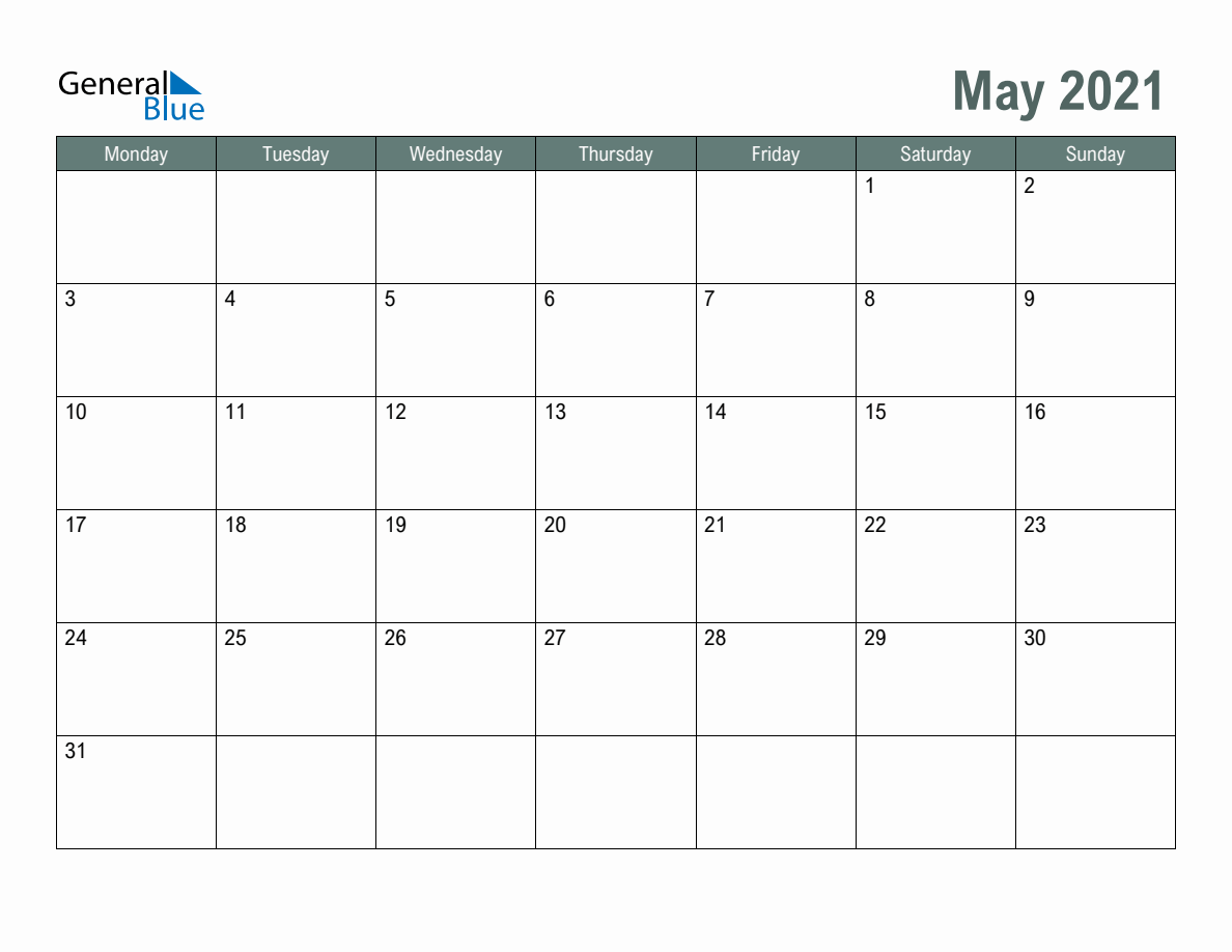 Blank May 2021 Monthly Calendar Template - Monday Start