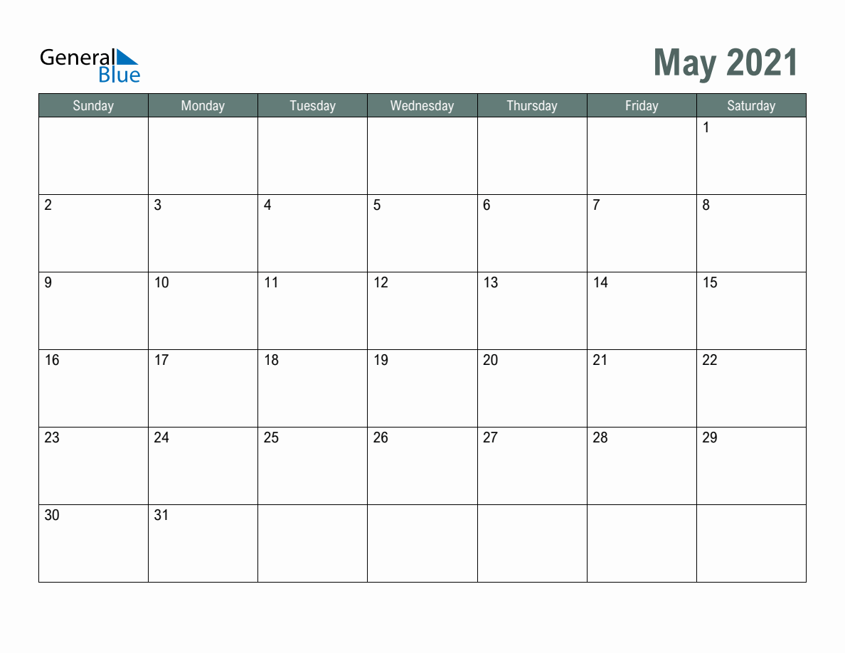 Blank May 2021 Monthly Calendar Template