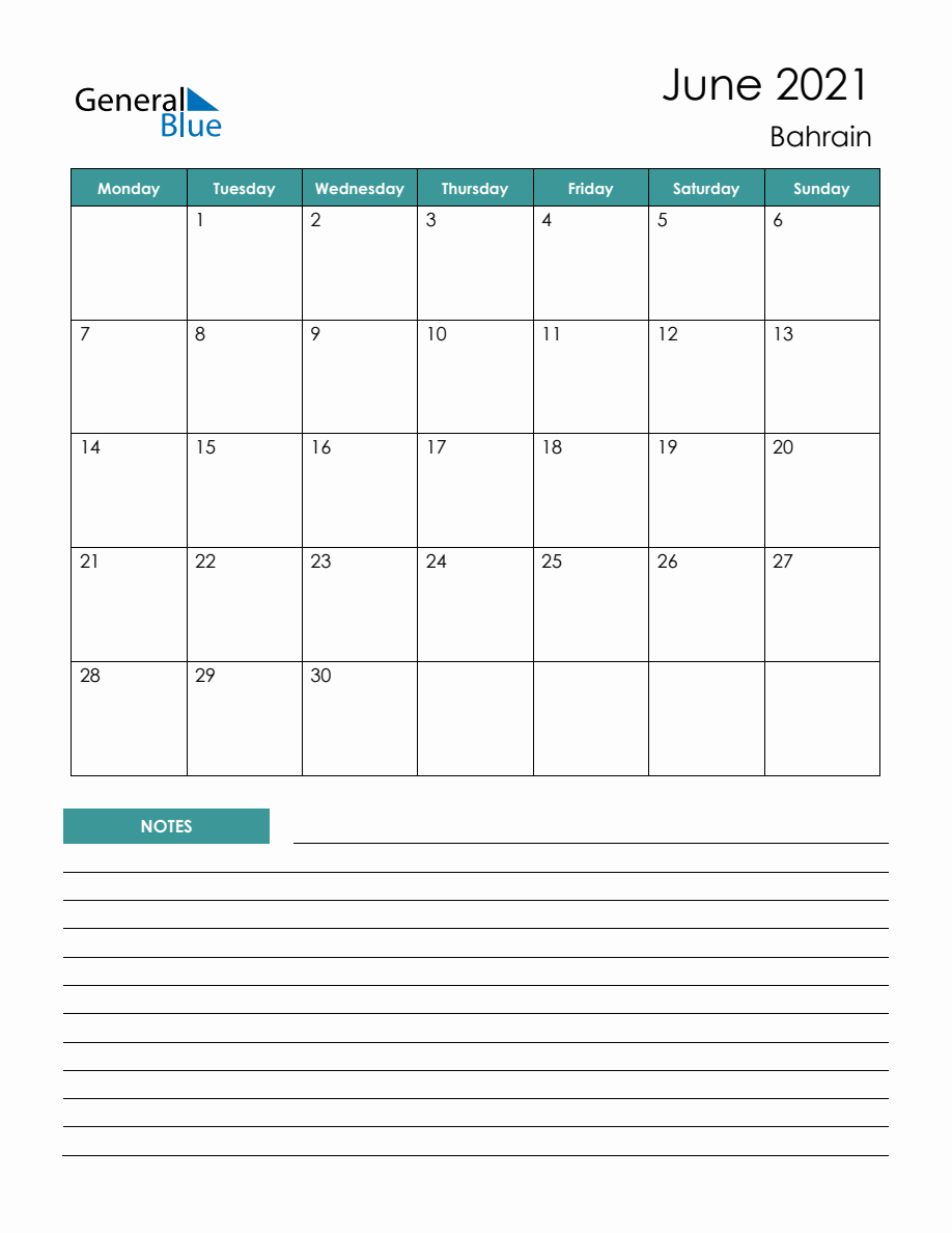 Monthly Planner with Bahrain Holidays - June 2021 (Monday Start)