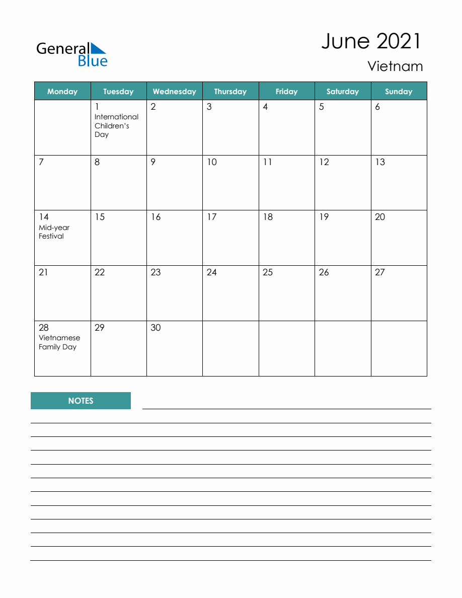 Monthly Planner with Vietnam Holidays - June 2021