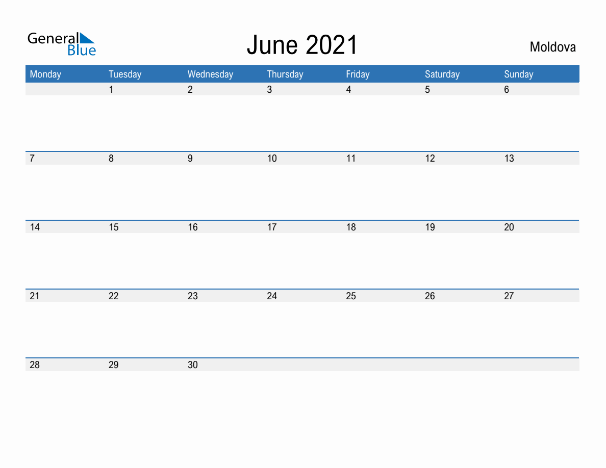 Editable June 2021 Calendar with Moldova Holidays (Monday Start)