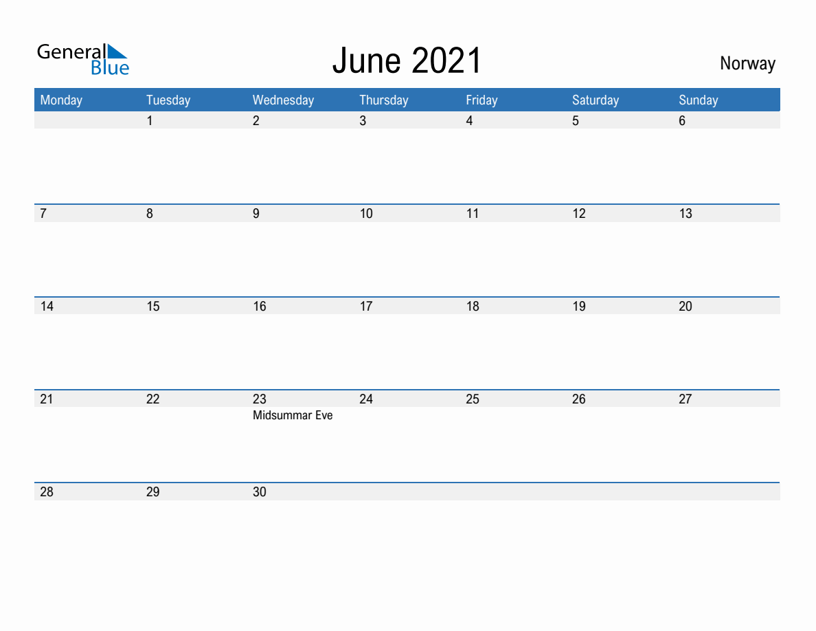 Editable June 2021 Calendar with Norway Holidays (Monday Start)