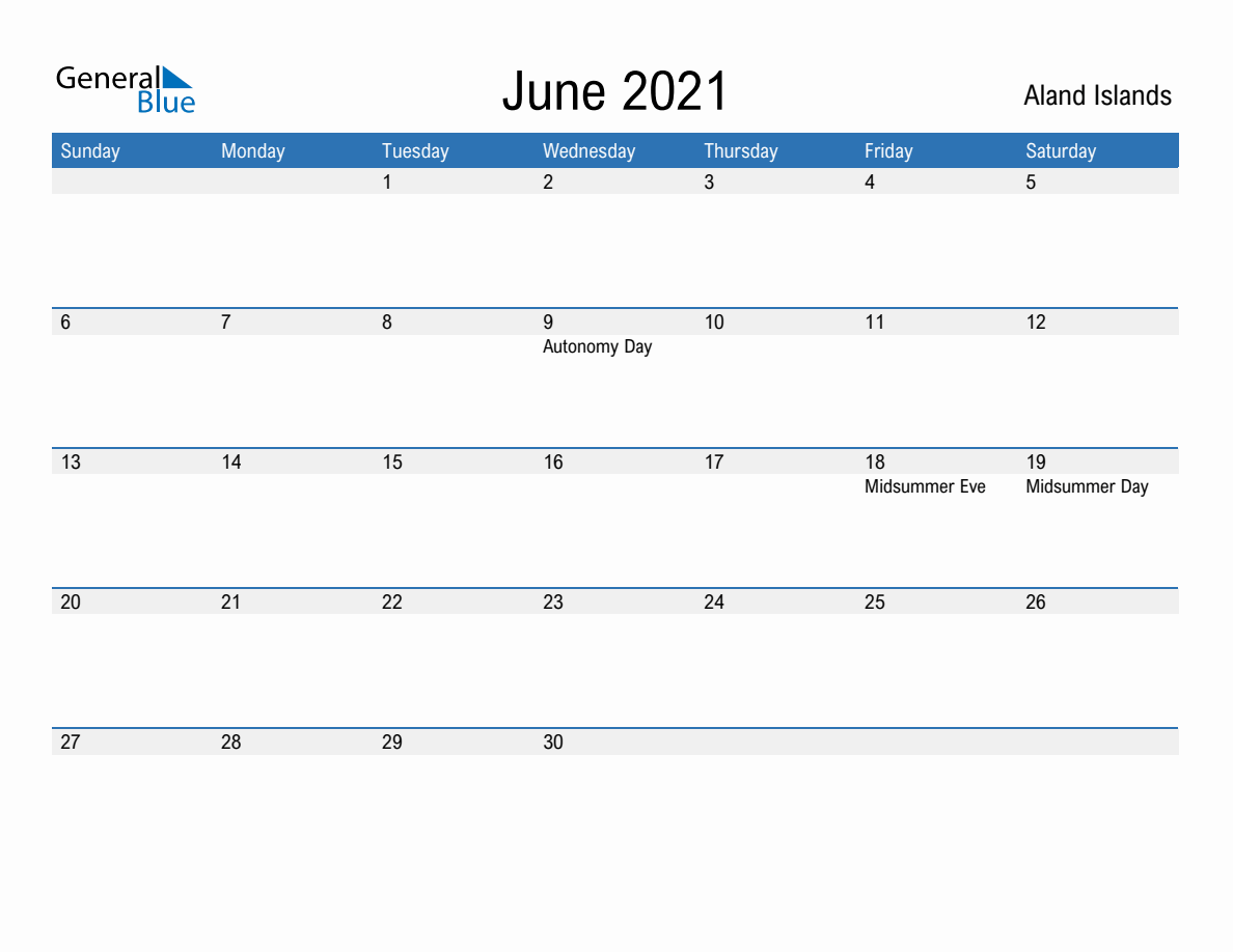 June 2021 Monthly Calendars with Aland Islands Holidays