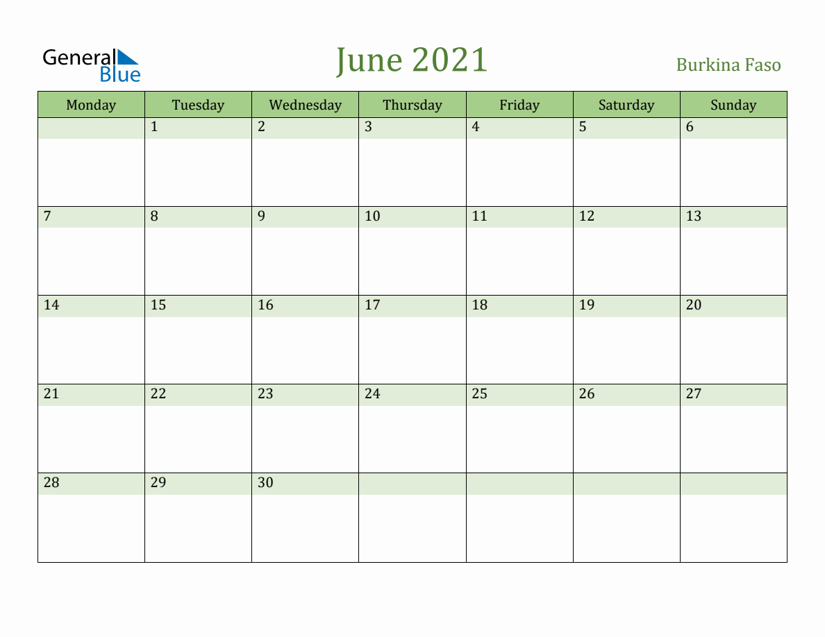 Fillable Holiday Calendar for Burkina Faso - June 2021 (Monday Start)