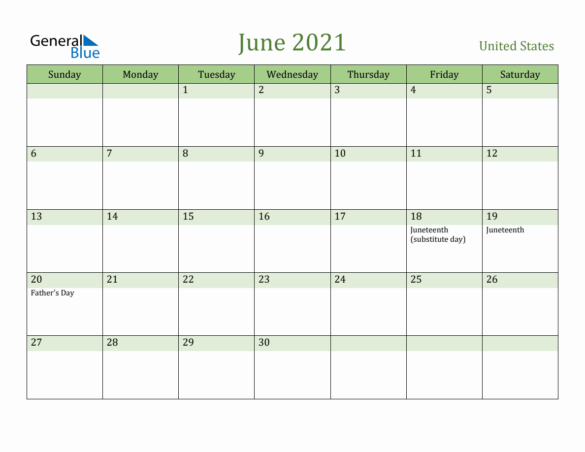 Fillable Holiday Calendar for United States - June 2021