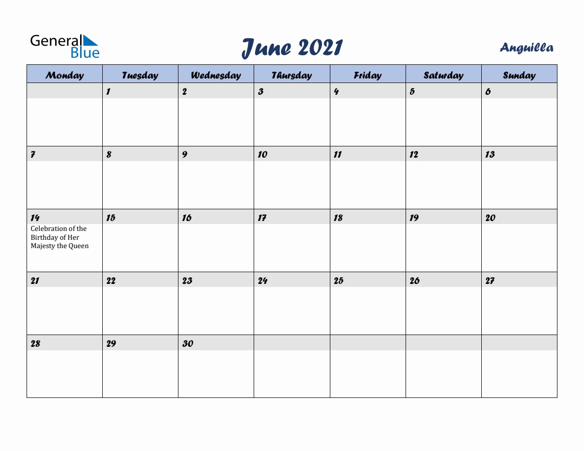 June 2021 Monthly Calendar Template with Holidays for Anguilla (Monday ...