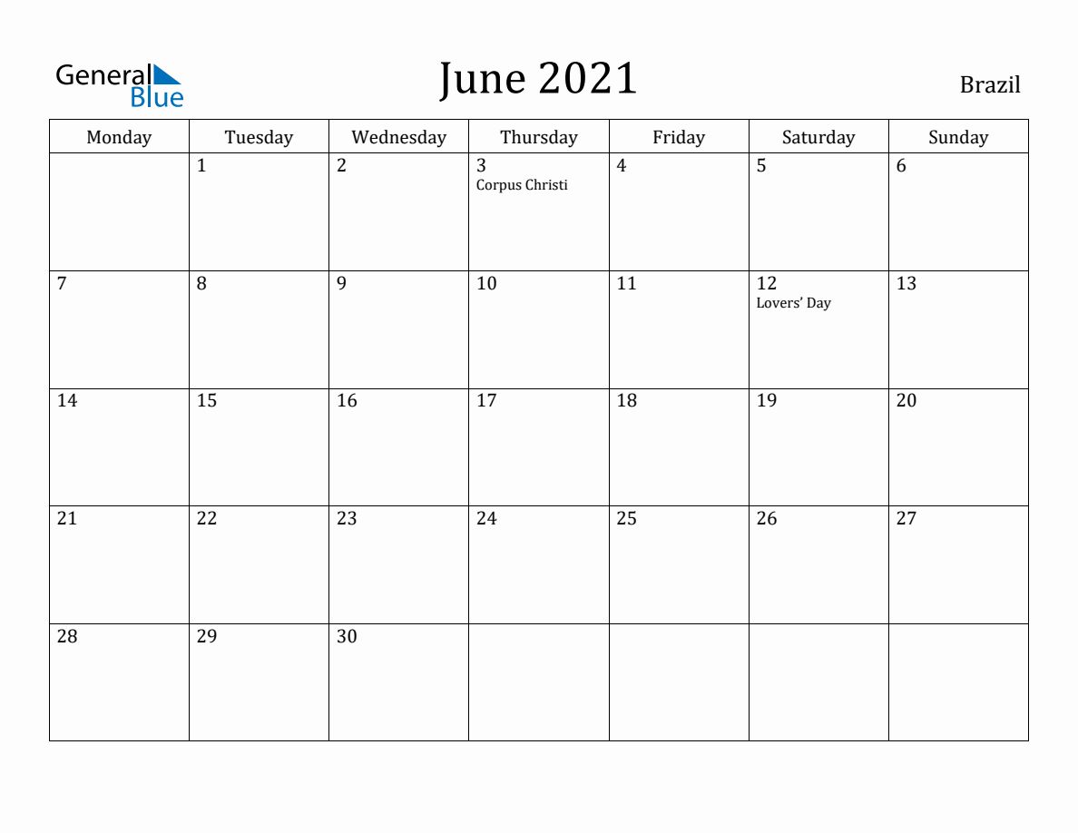 Brazil Monthly Calendar - June 2021 (Monday Start)