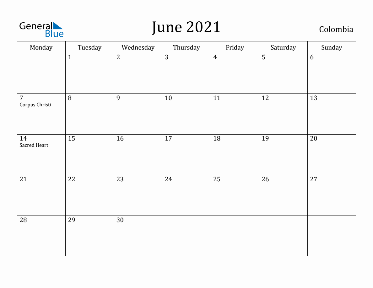 Colombia Monthly Calendar - June 2021 (Monday Start)