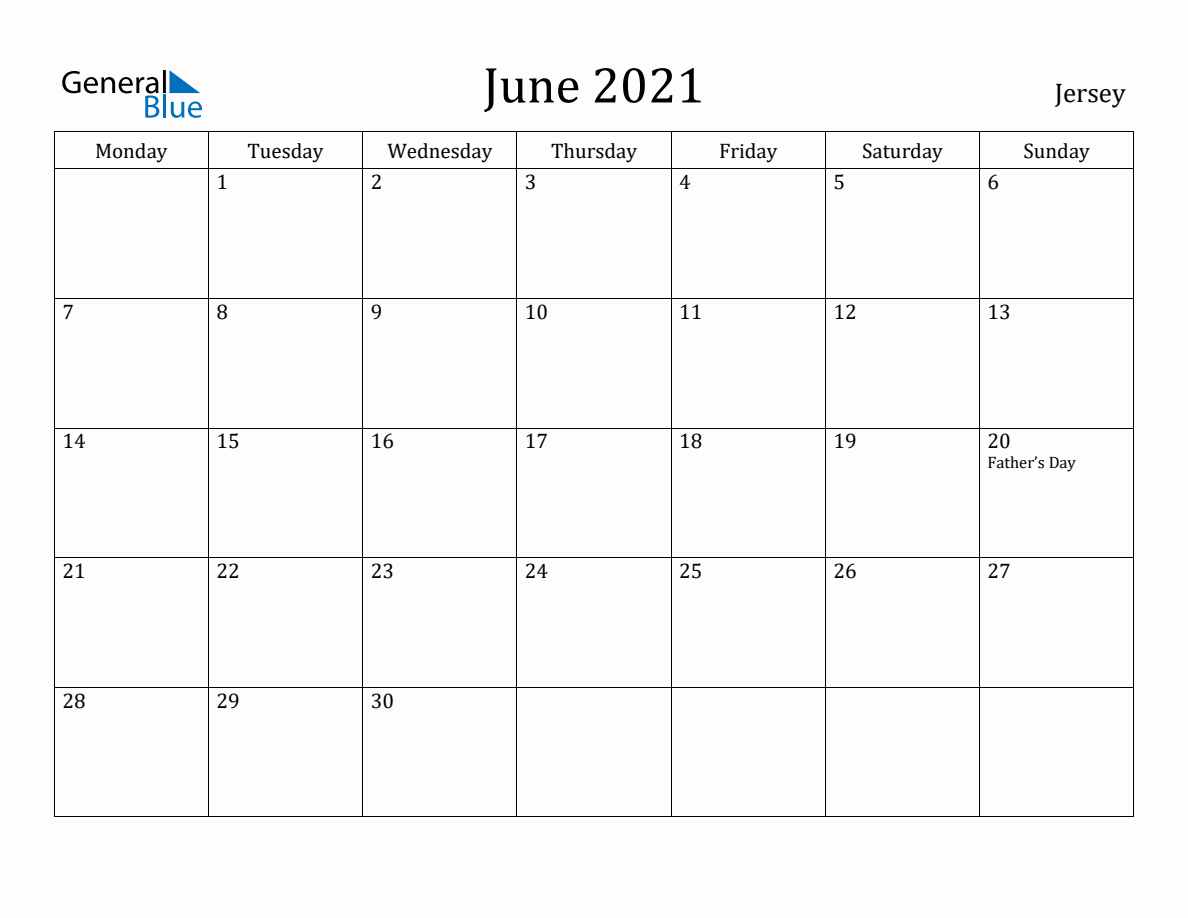 Jersey Monthly Calendar - June 2021 (Monday Start)
