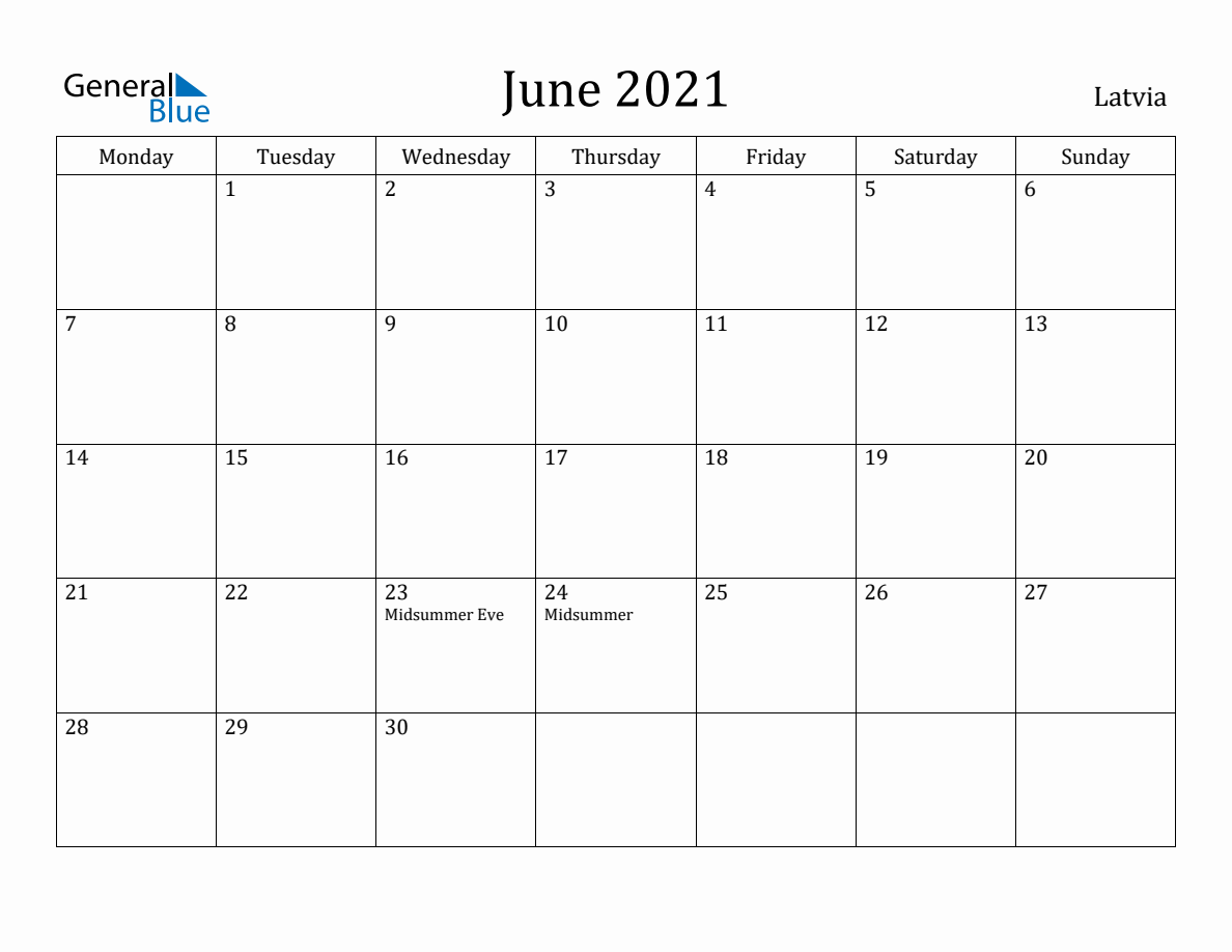 Latvia Monthly Calendar - June 2021 (Monday Start)