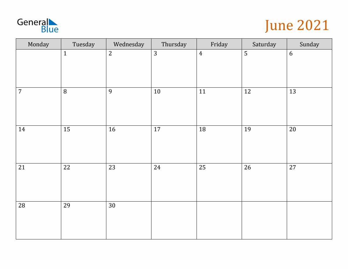 June 2021 Generic Monthly Calendar - Monday Start