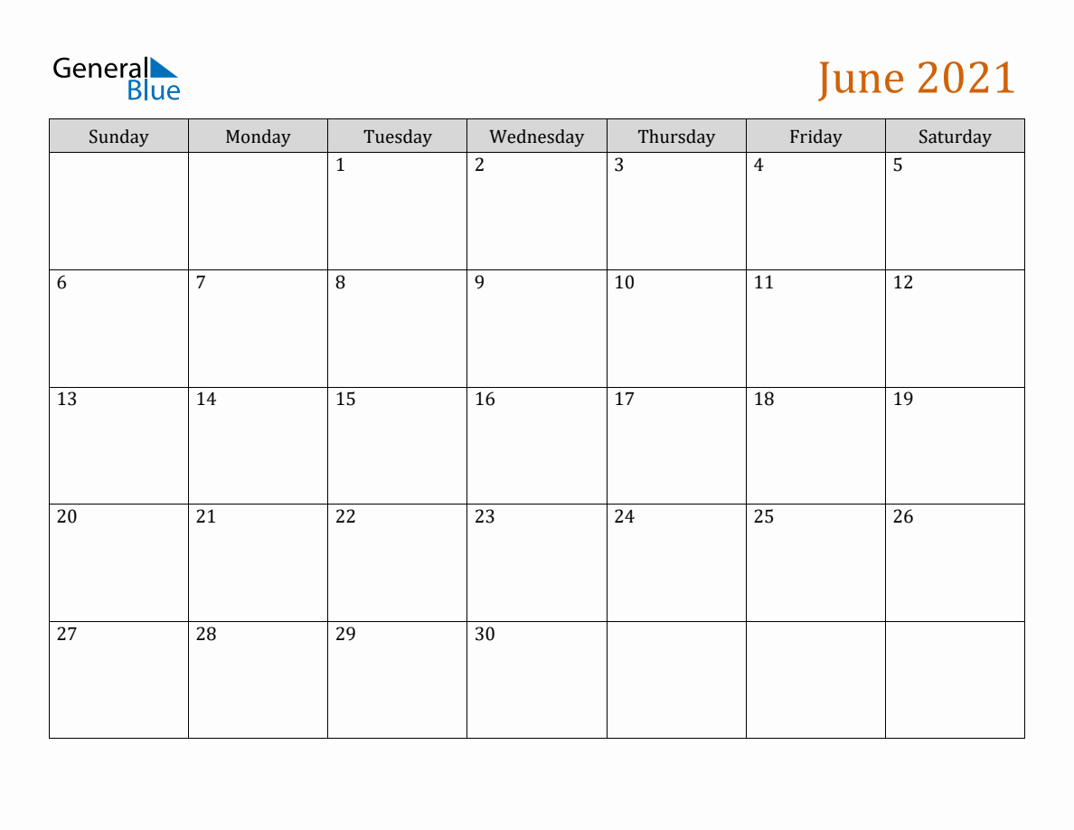June 2021 Generic Monthly Calendar