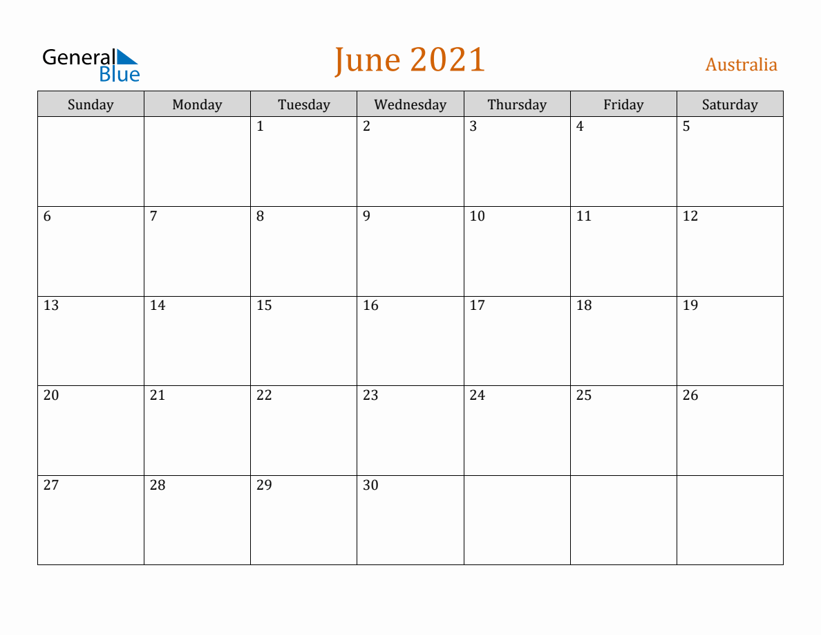 Free June 2021 Australia Calendar