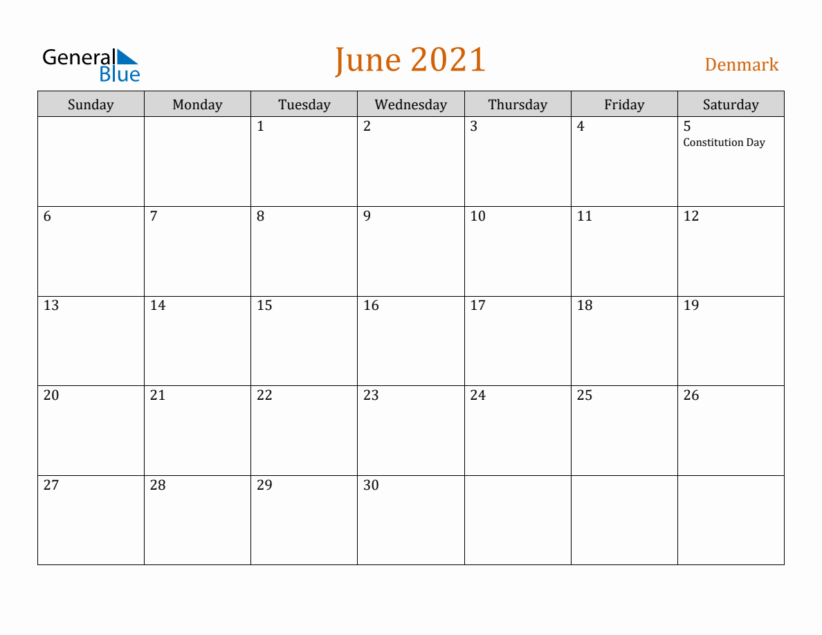Free June 2021 Denmark Calendar